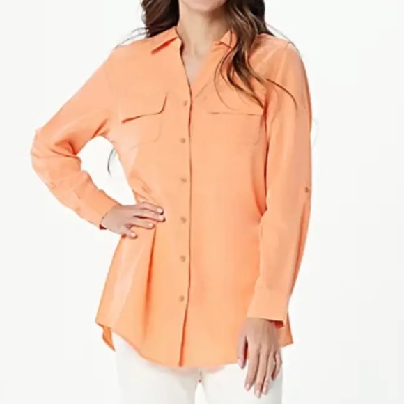 Denim&Co | Tops | Denim Co Melon Roll Tab Long Sleeve Button Up Soft Utility Tunic Top Blouse ...